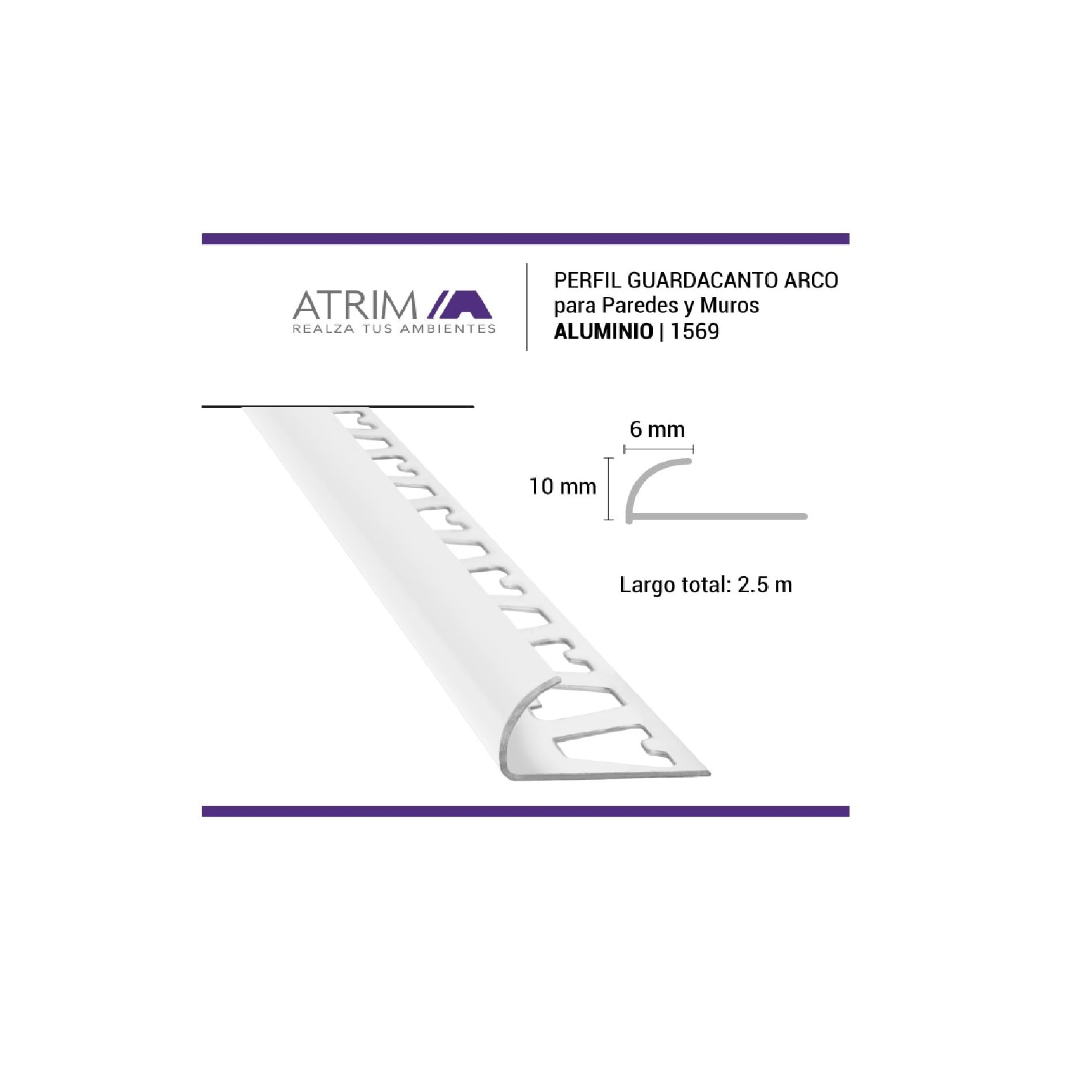 Guardacanto Atrim Arco Aluminio Natural 10mm - Supermat